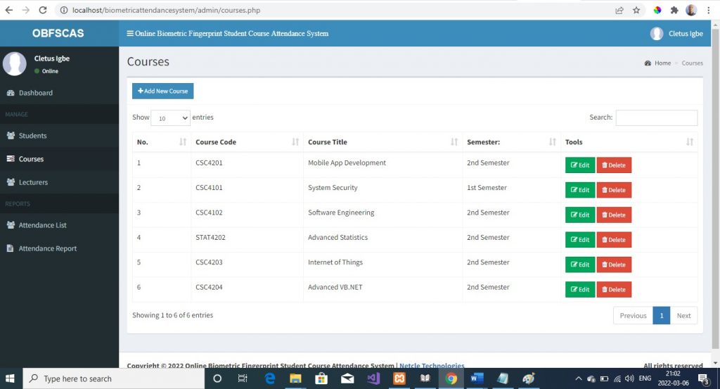 Online Biometric Fingerprint Student Course Attendance System in PHP ...