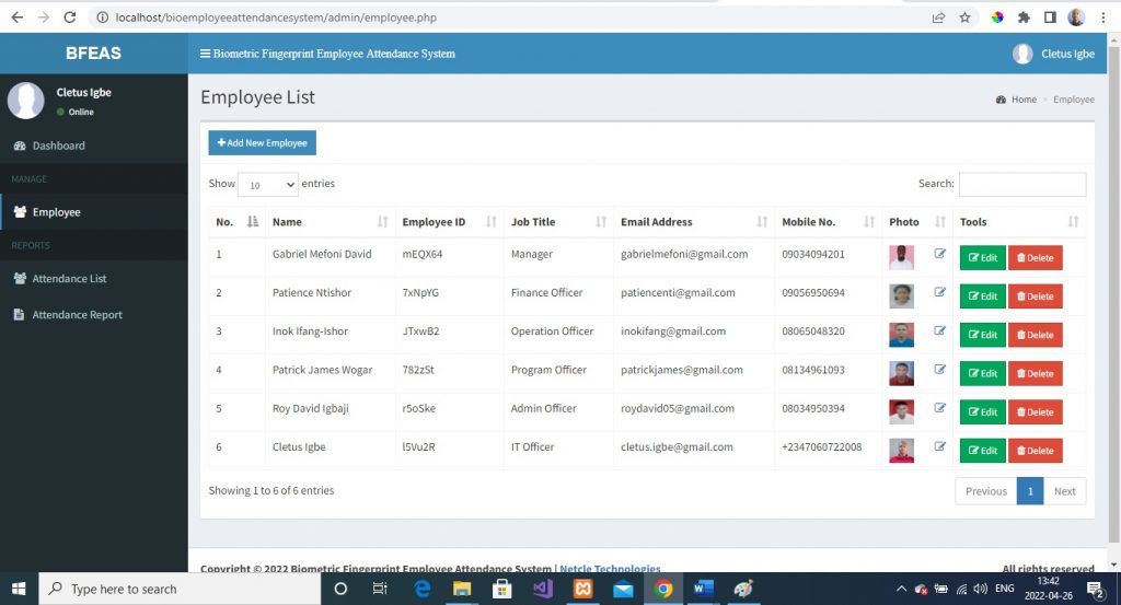 Online Biometric Fingerprint Employee Attendance System in PHP MySQL and C#