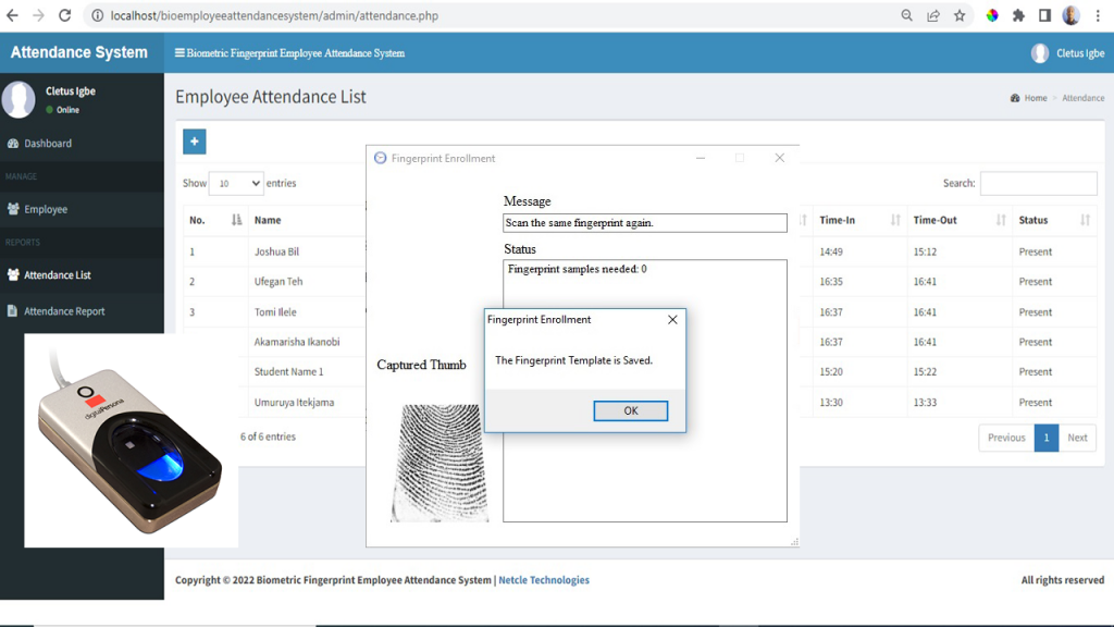 Online Biometric Fingerprint Employee Attendance System in PHP MySQL and C#