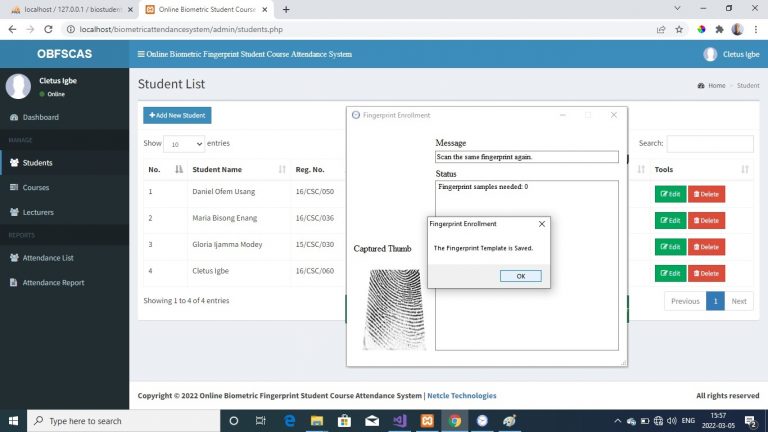 Online Biometric Fingerprint Student Course Attendance System in PHP MySQL and C#
