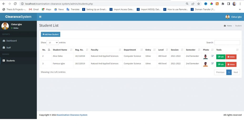 Online Examination Clearance System in PHP and MySQL